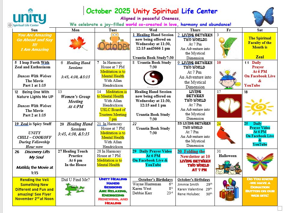 October 2025 Calendar From Newsletter | Unity Spiritual Life Center
